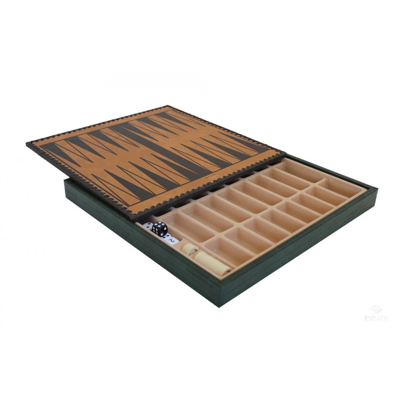 Scacchiera in similcuoio verde con contenitore backgammon e pedine dama